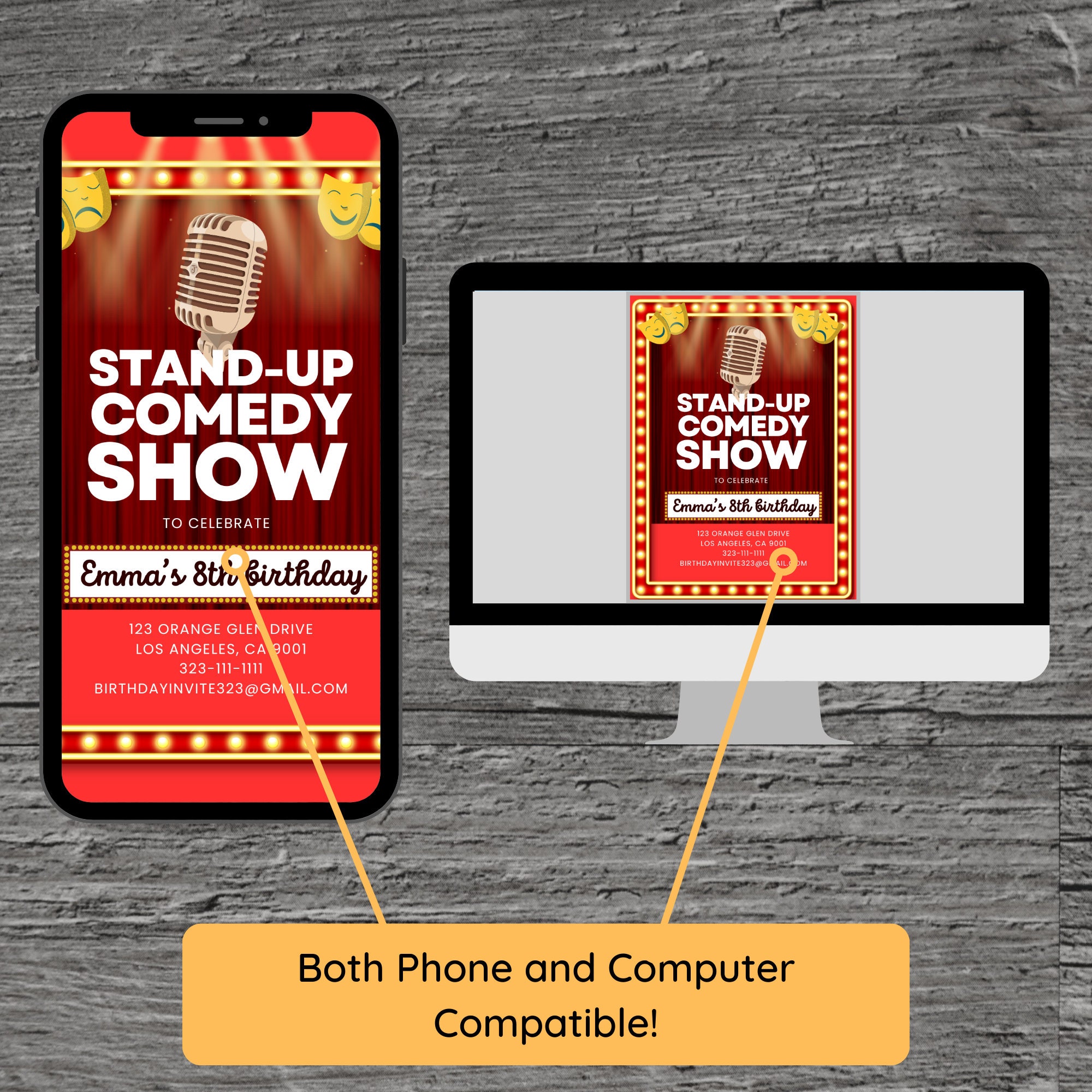 Stand up Comedy Show for Emma Theme Birthday Party Invitation Template ...