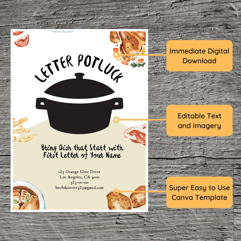 Letter Potluck Theme Birthday Invitation, Dress up in Color, Game Food ...