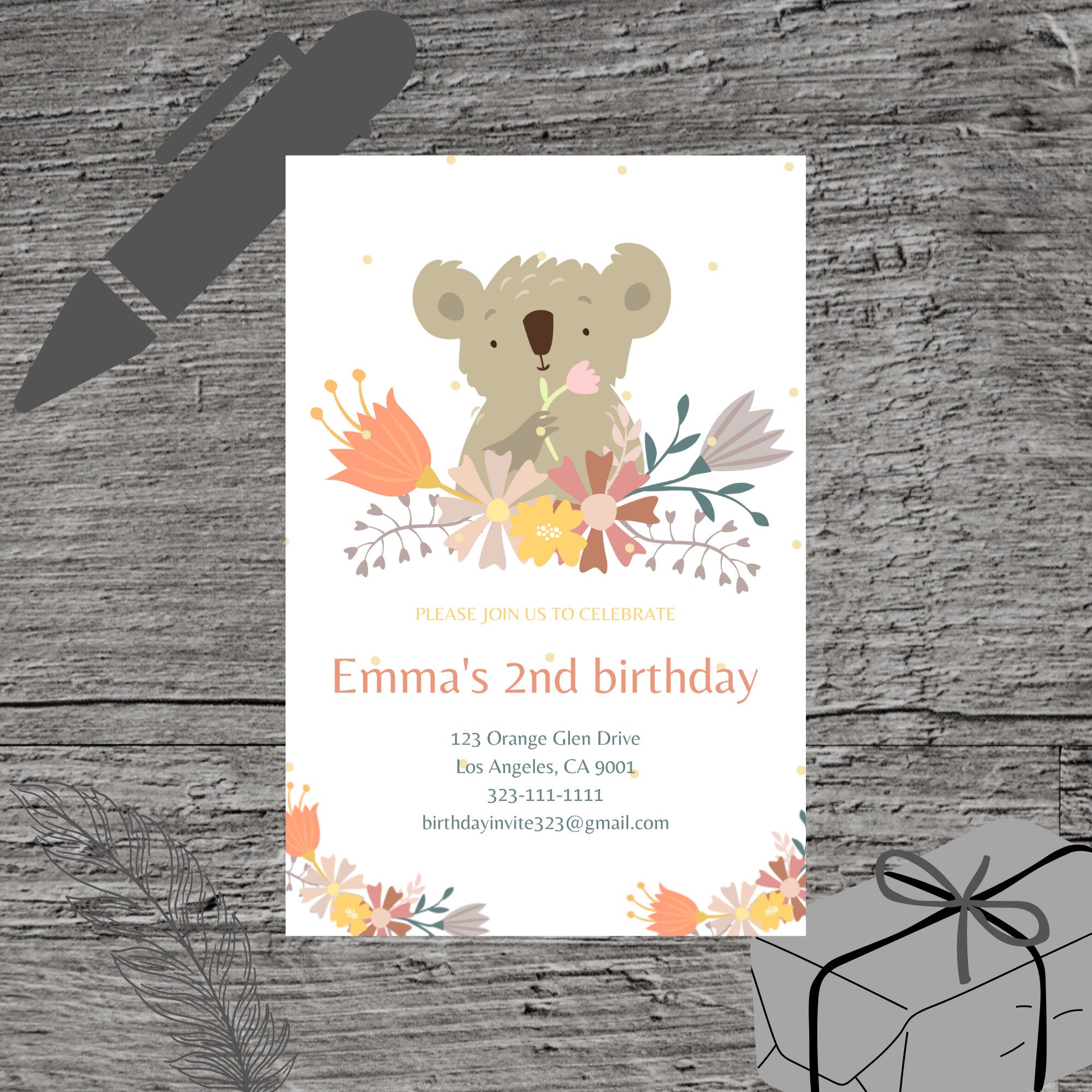 Koala Theme Birthday Party Invitation Template, Cute Animals Native ...