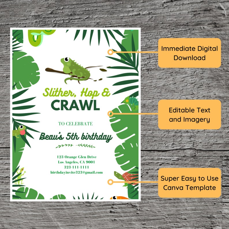 Reptiles Theme Birthday Party Invitation, Slither Hiss Crawl Boy Hop ...