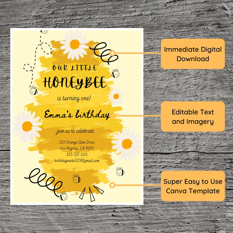 Bee Theme Birthday Party Invitation, Honey Honeybee Honeycomb Hive Bees ...