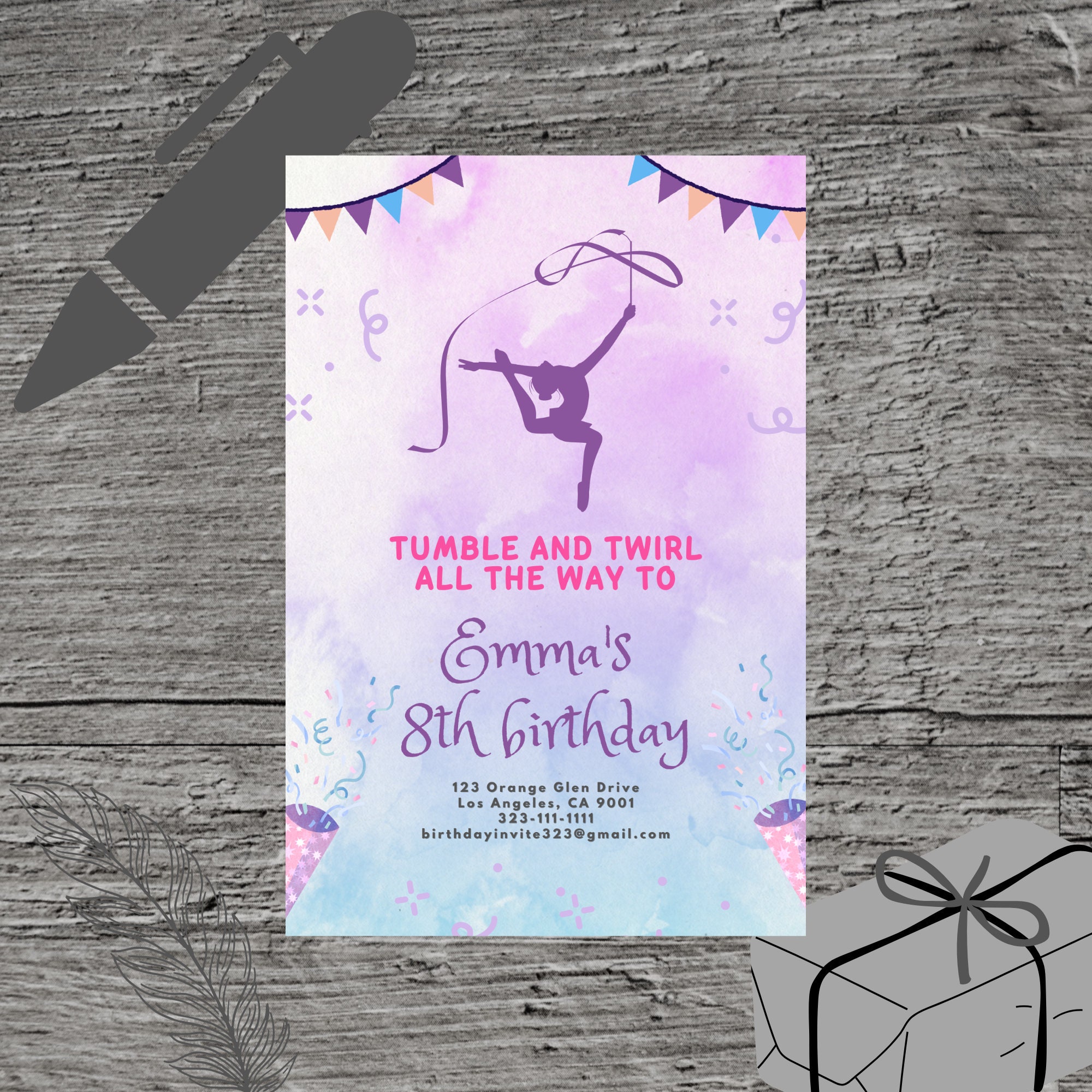Gymnastics Theme Birthday Party Invitation, Tumble Cartwheel Jump Gym ...