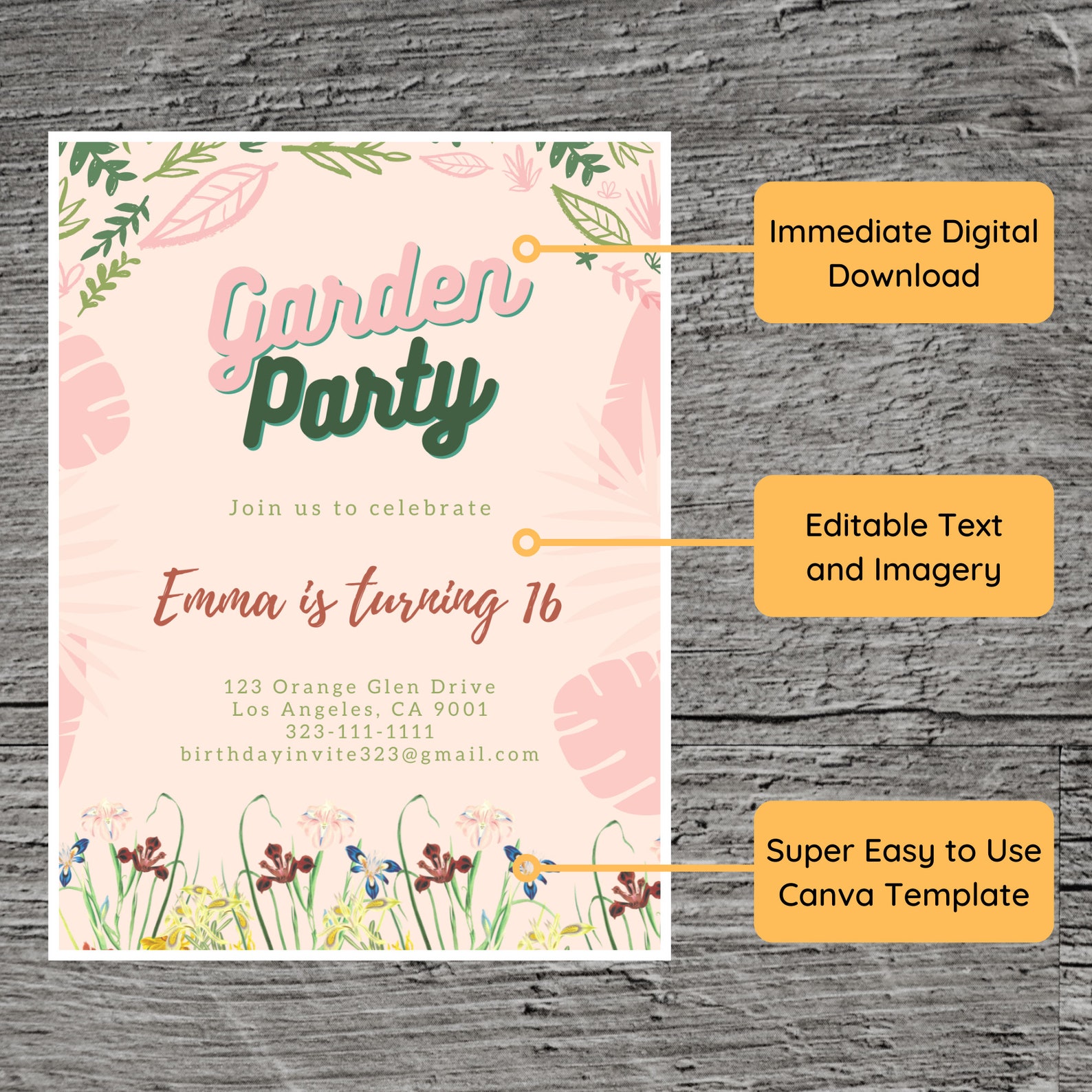 Garden Party Theme Birthday Party Invitation, Flower Plant Landscape ...