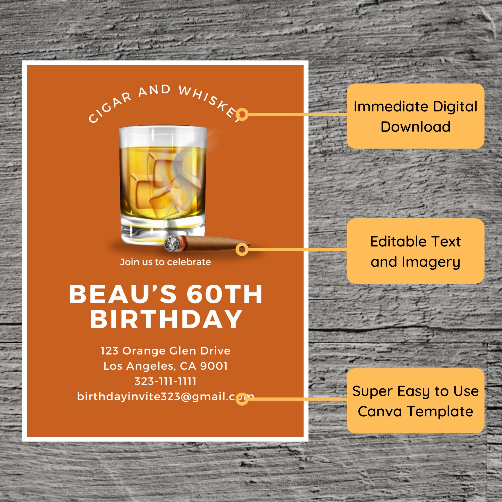 Cigar and Whiskey Theme Party Invitation, Robusto Bourbon Churchill Ash ...