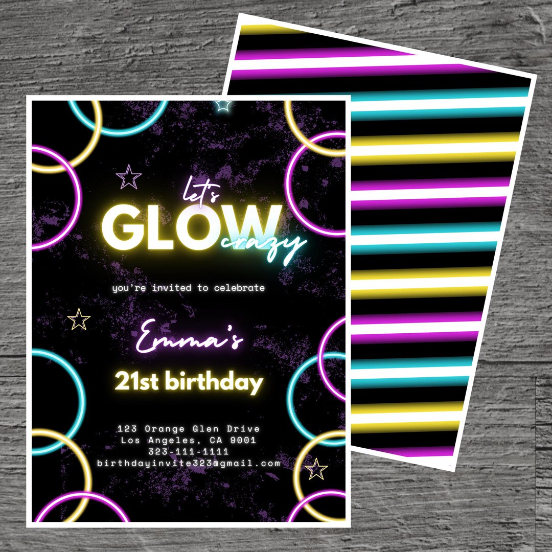 Neon Party for Emma Theme Birthday Party Invitation Template, Glowing ...
