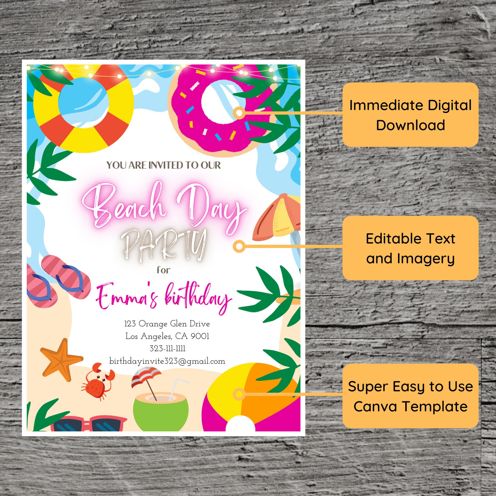 Beach Day Theme Birthday Party Invitation, Summer Waves Ocean Tanning ...