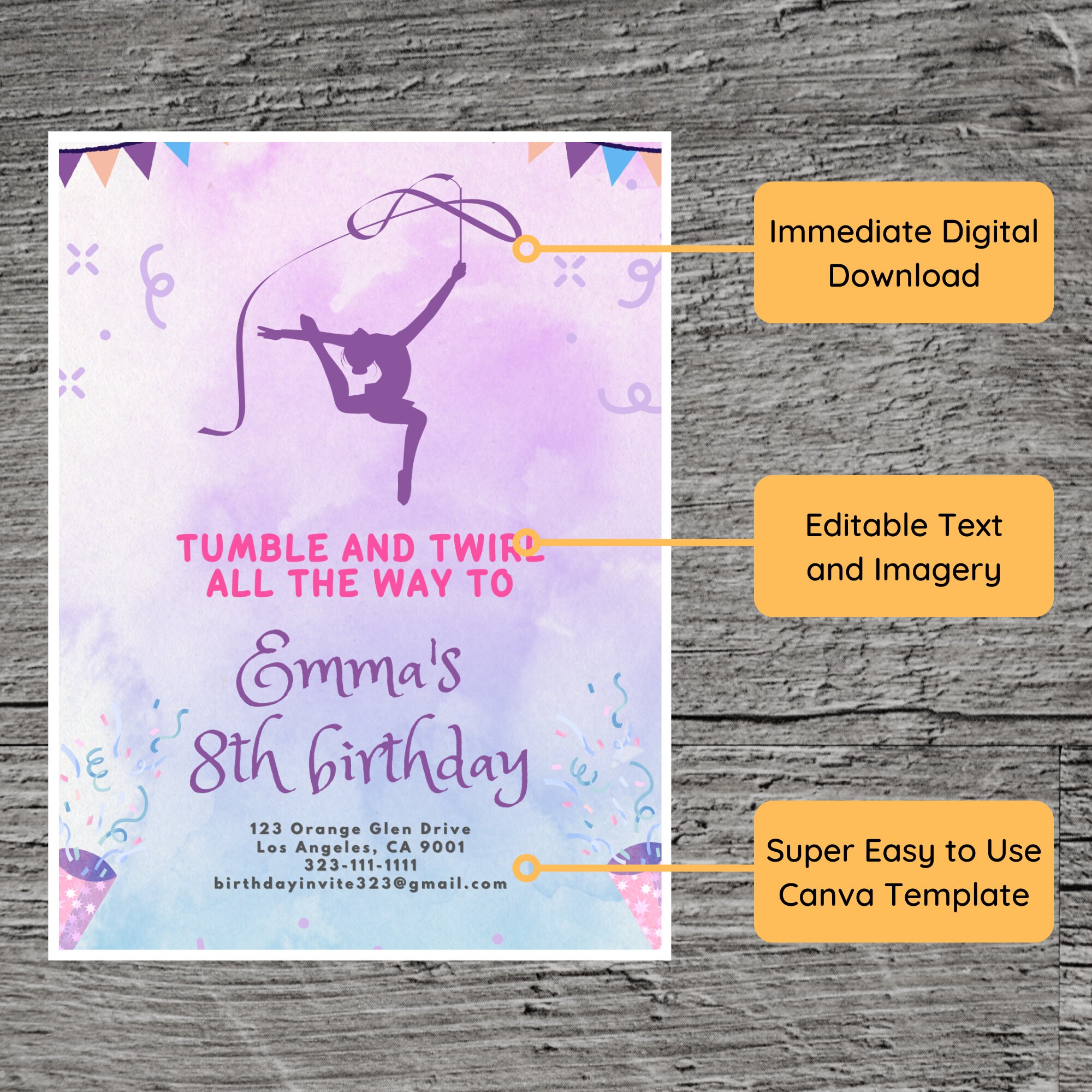 Gymnastics Theme Birthday Party Invitation, Tumble Cartwheel Jump Gym ...