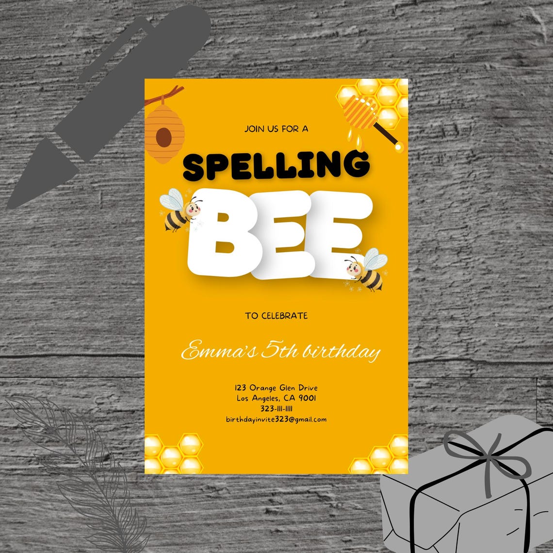 Spelling Bee for Emma Theme Birthday Party Invitation Template, Word ...