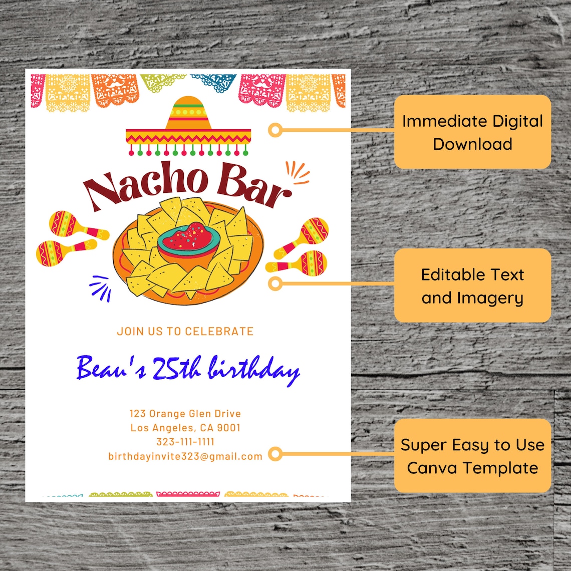 Nacho Bar Birthday Party Invitation, Chips Salsa Cheese Beans Onions ...