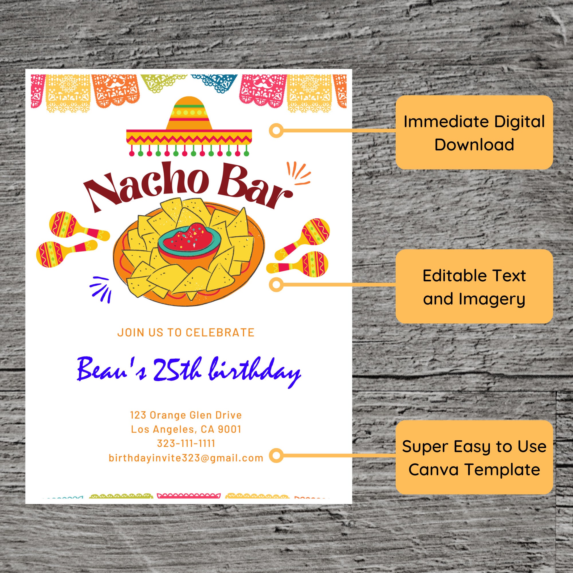 Nacho Bar Birthday Party Invitation, Chips Salsa Cheese Beans Onions ...