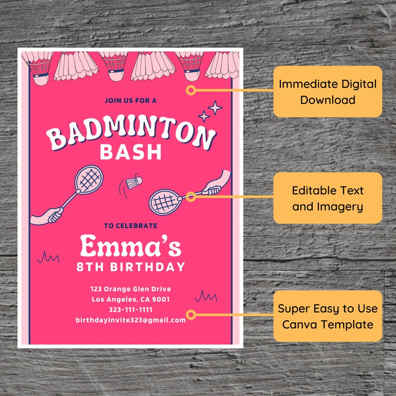 Badminton for Emma Theme Birthday Party Invitation Template, Court Game ...
