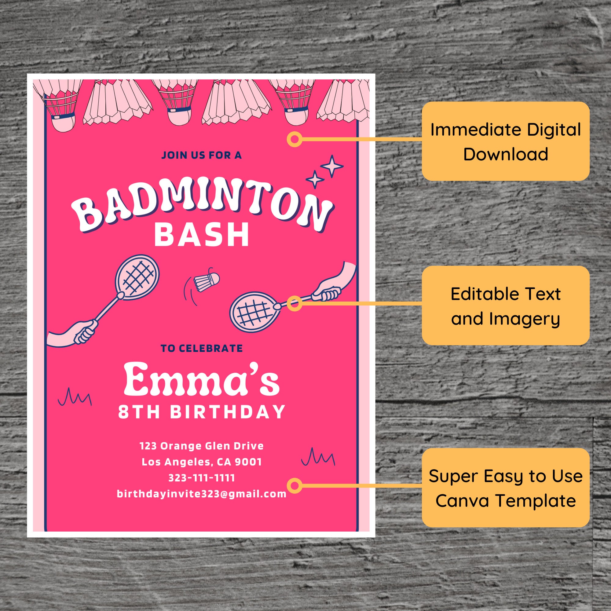 Badminton for Emma Theme Birthday Party Invitation Template, Court Game ...