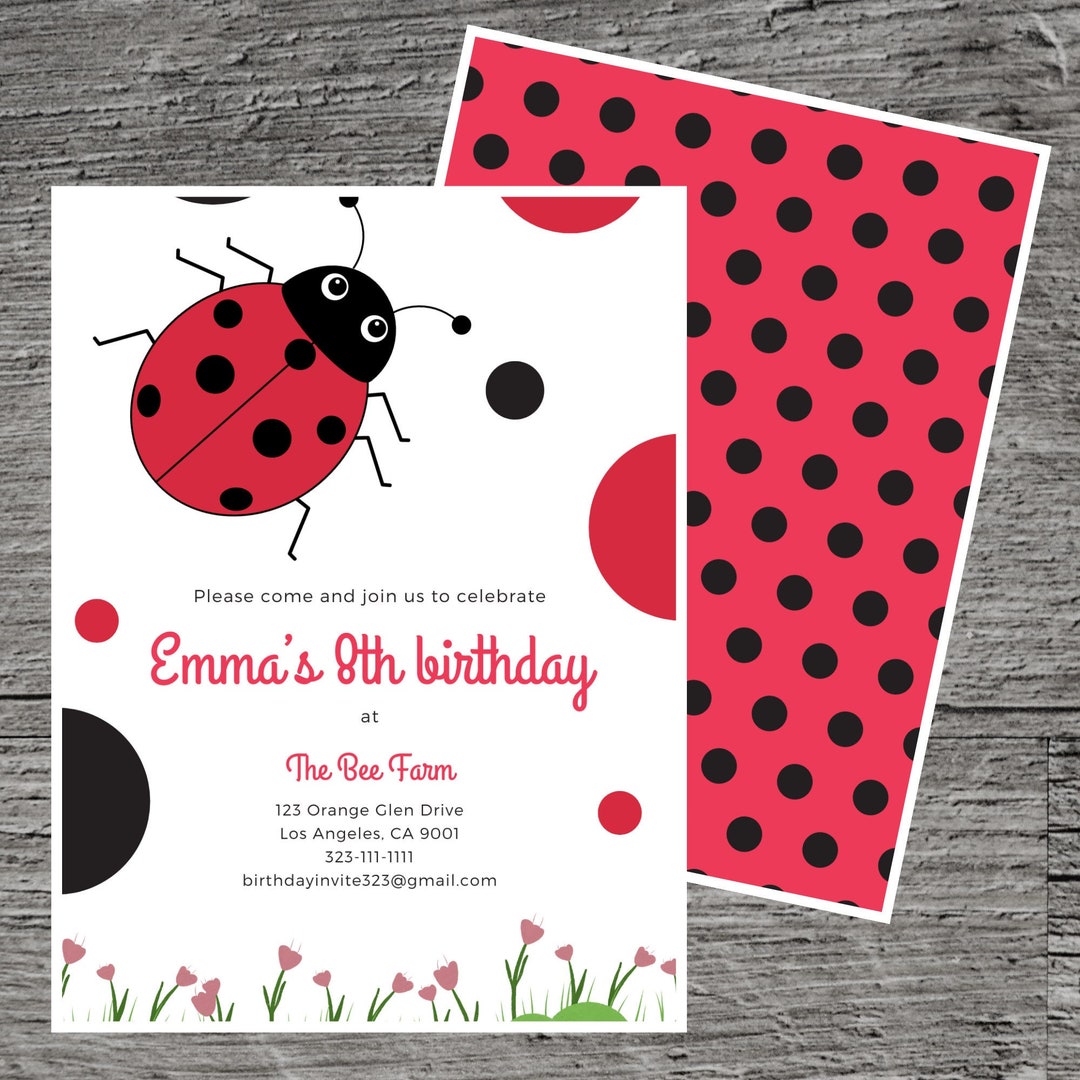 Ladybug for Emma Theme Birthday Party Invitation, Female Bug Insect Fly ...