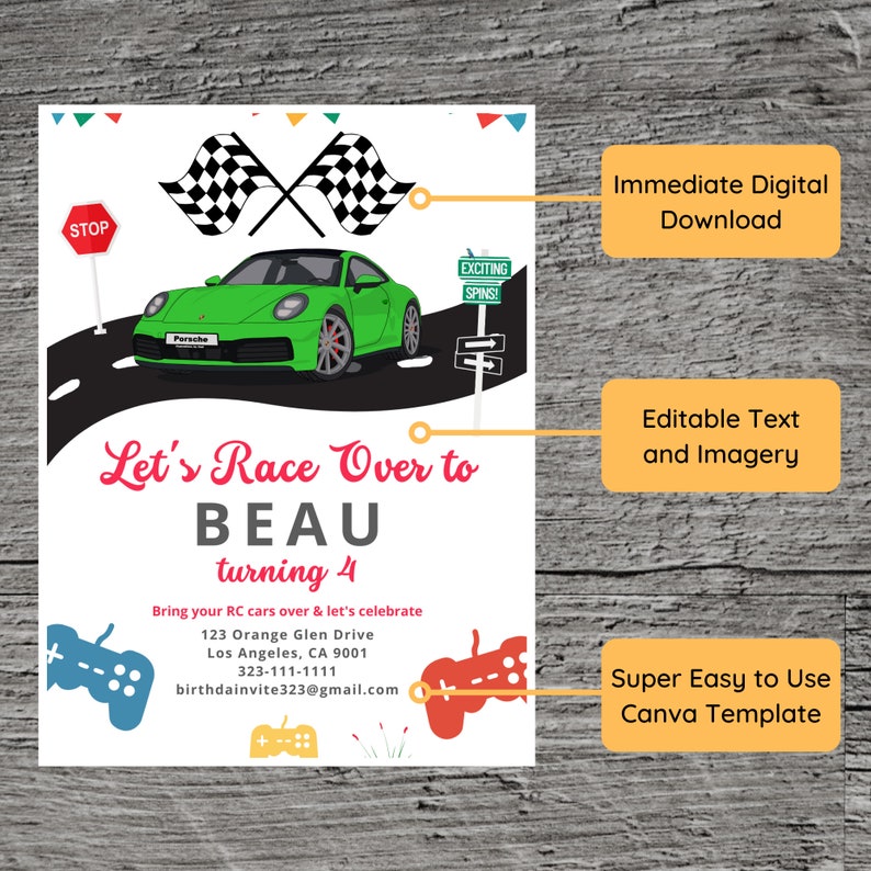 Remote Control Cars Theme Birthday Party Invitation, RC Car Motor ...