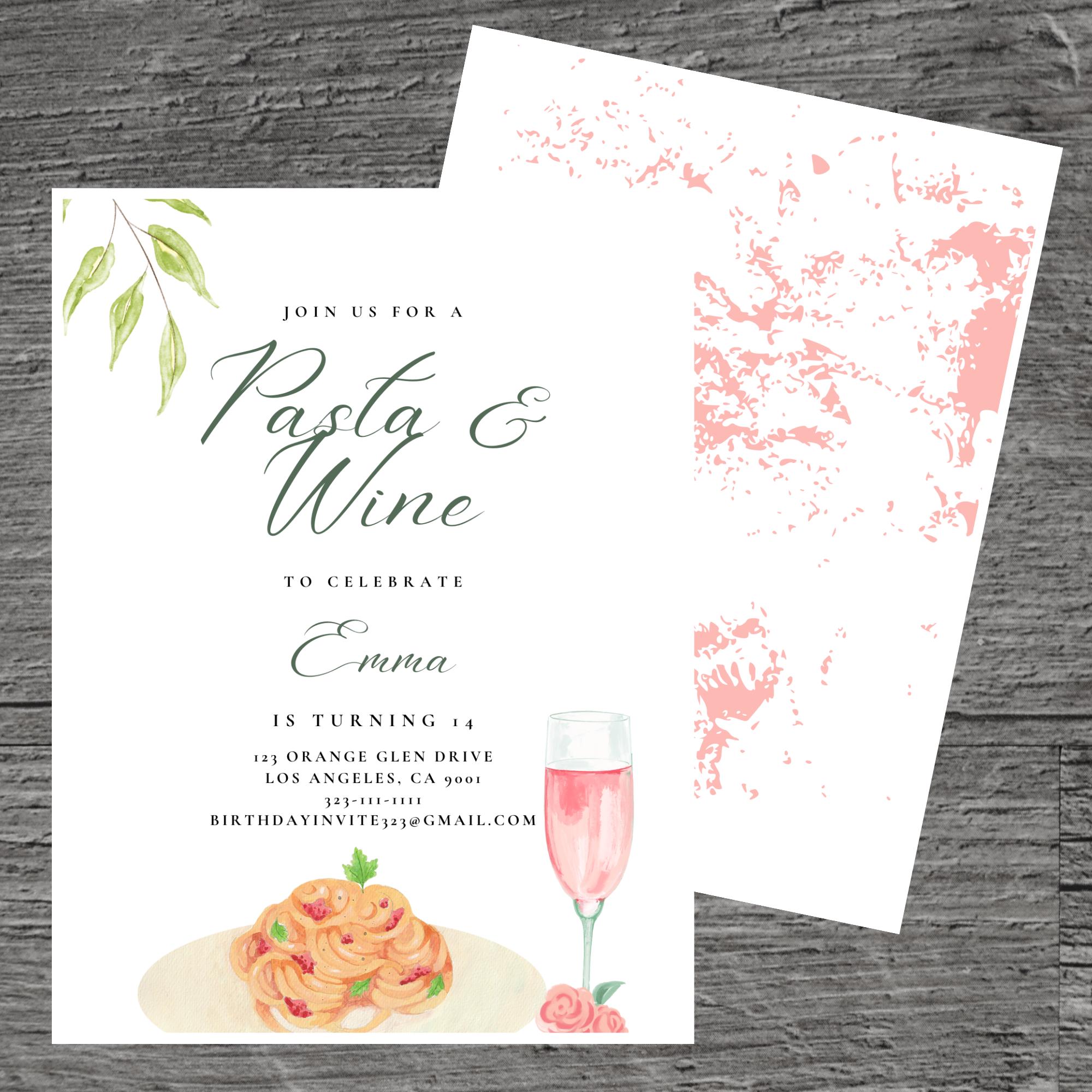 Pasta and Wine for Emma Theme Birthday Party Invitation Template ...