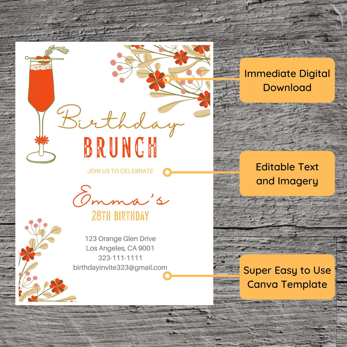Mimosa Brunch Theme Birthday Party Invitation, Sip Drink Lunch Buffet ...