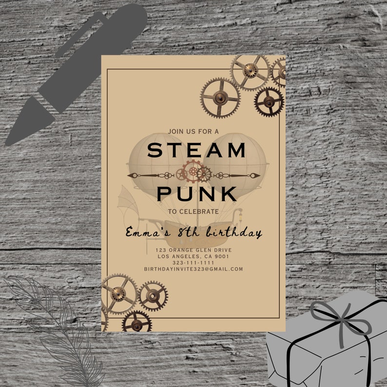 Steampunk Theme Birthday Party Invitation Template, Anachronism Engine ...
