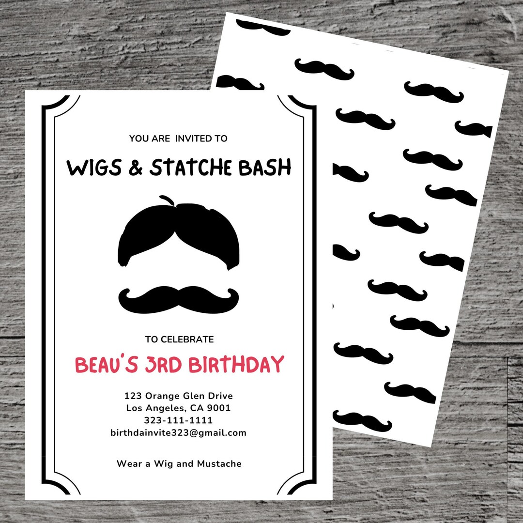 Wigs and Stache Bash Theme Birthday Party Invitation, Mustache Facial Hair Wigwam Fun, Invite ...
