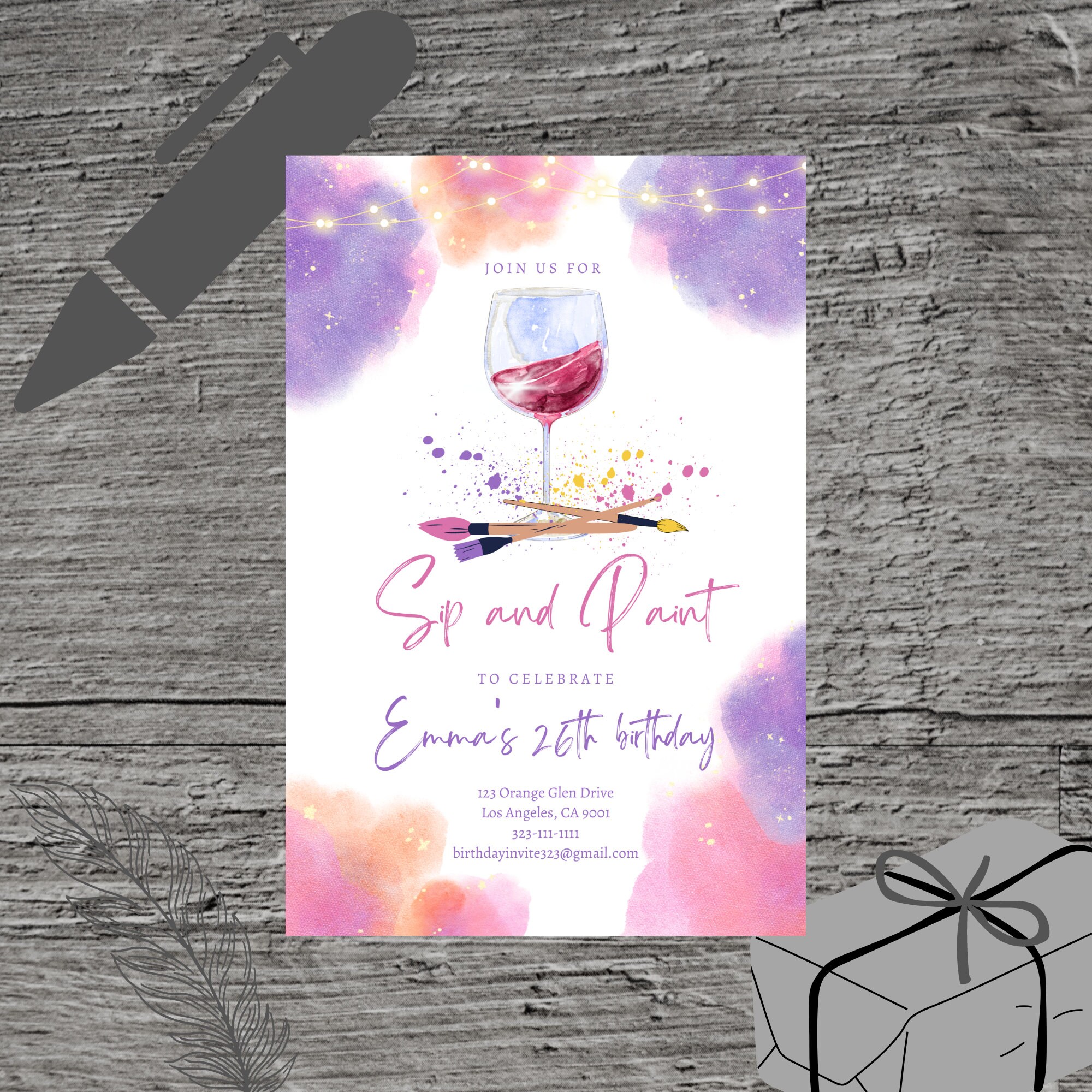 Sip and Paint Theme Birthday Party Invitation, Wine Watercolor Draw ...