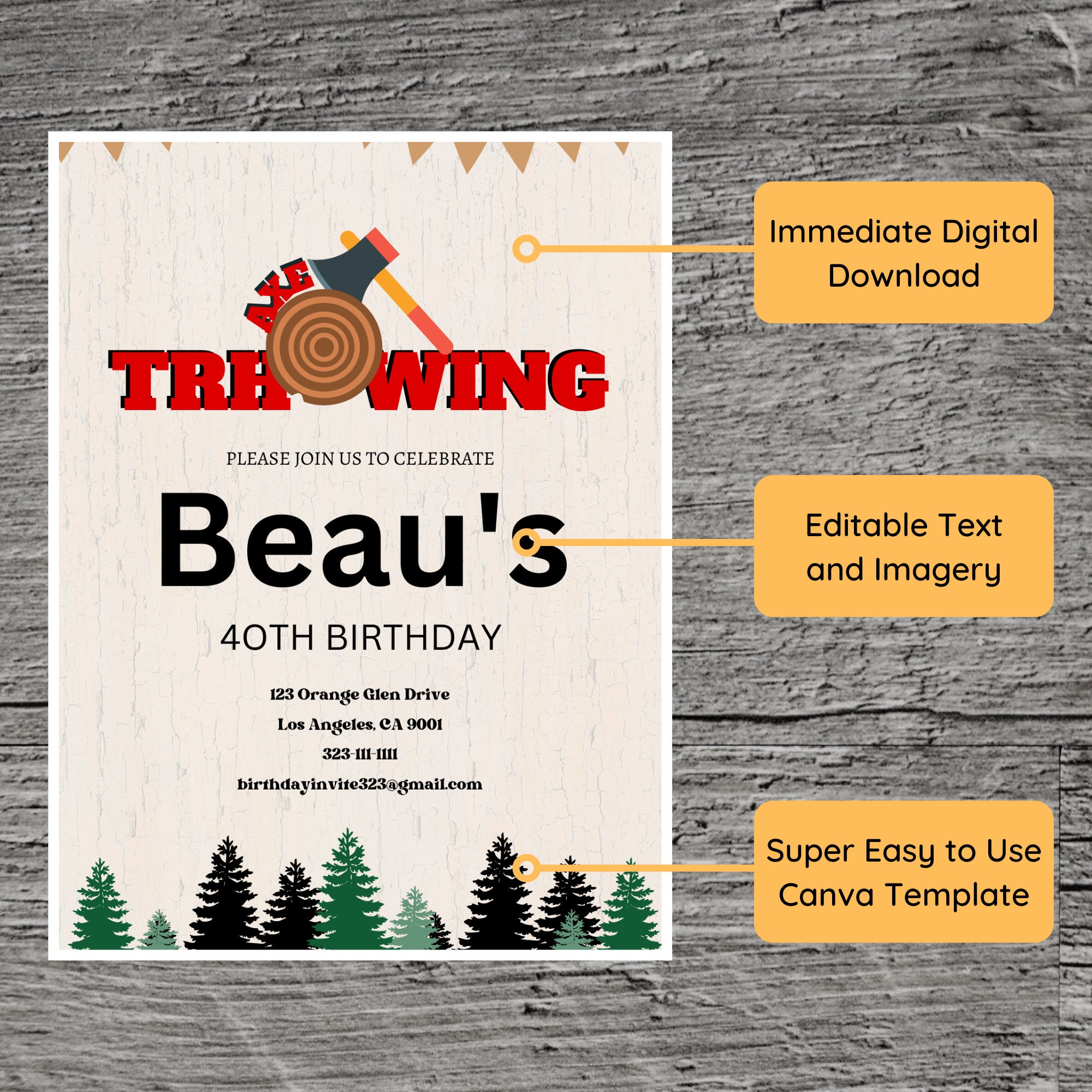 Axe Throwing Theme Birthday Party Invitation, Target Aisle Bullseye Aim ...