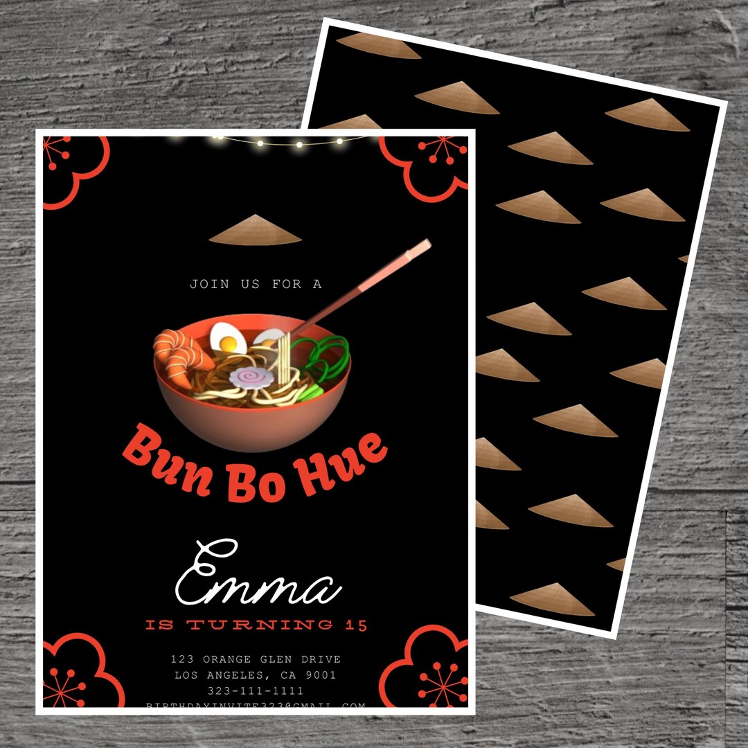 Bun Bo Hue Night for Emma Theme Birthday Party Invitation Template ...