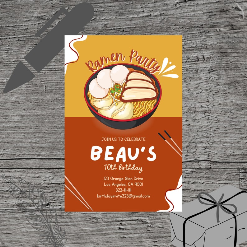 Ramen Birthday Party Invitation, Noodle Soup Japan Ingredients Dinner ...