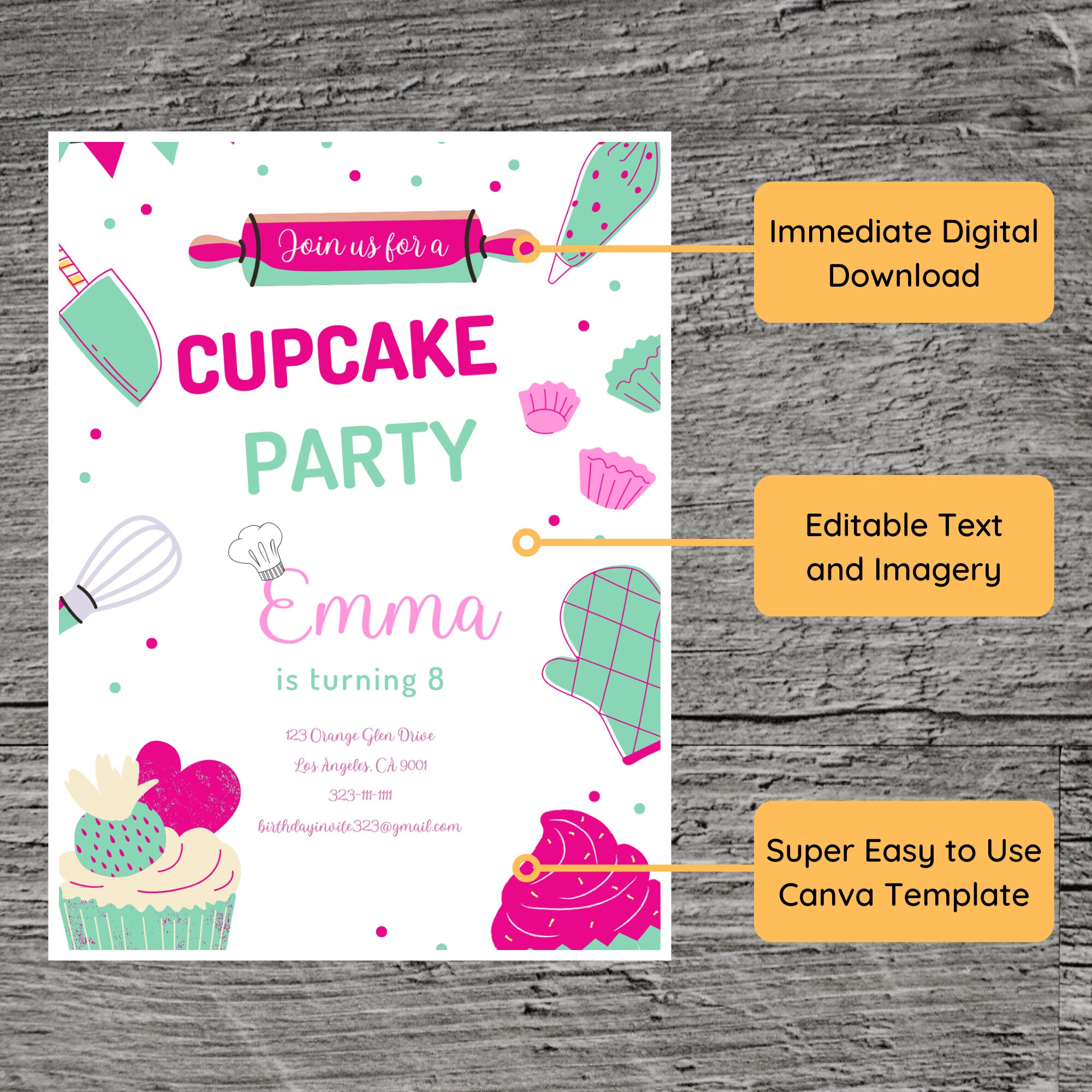 Cupcake Theme Birthday Party Invitation Template, Cake Muffin Dessert ...
