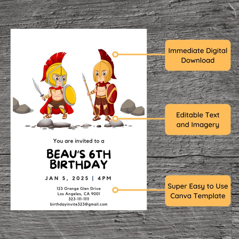 Gladiator for Beau Theme Birthday Party Invitation Template, Swordsman ...