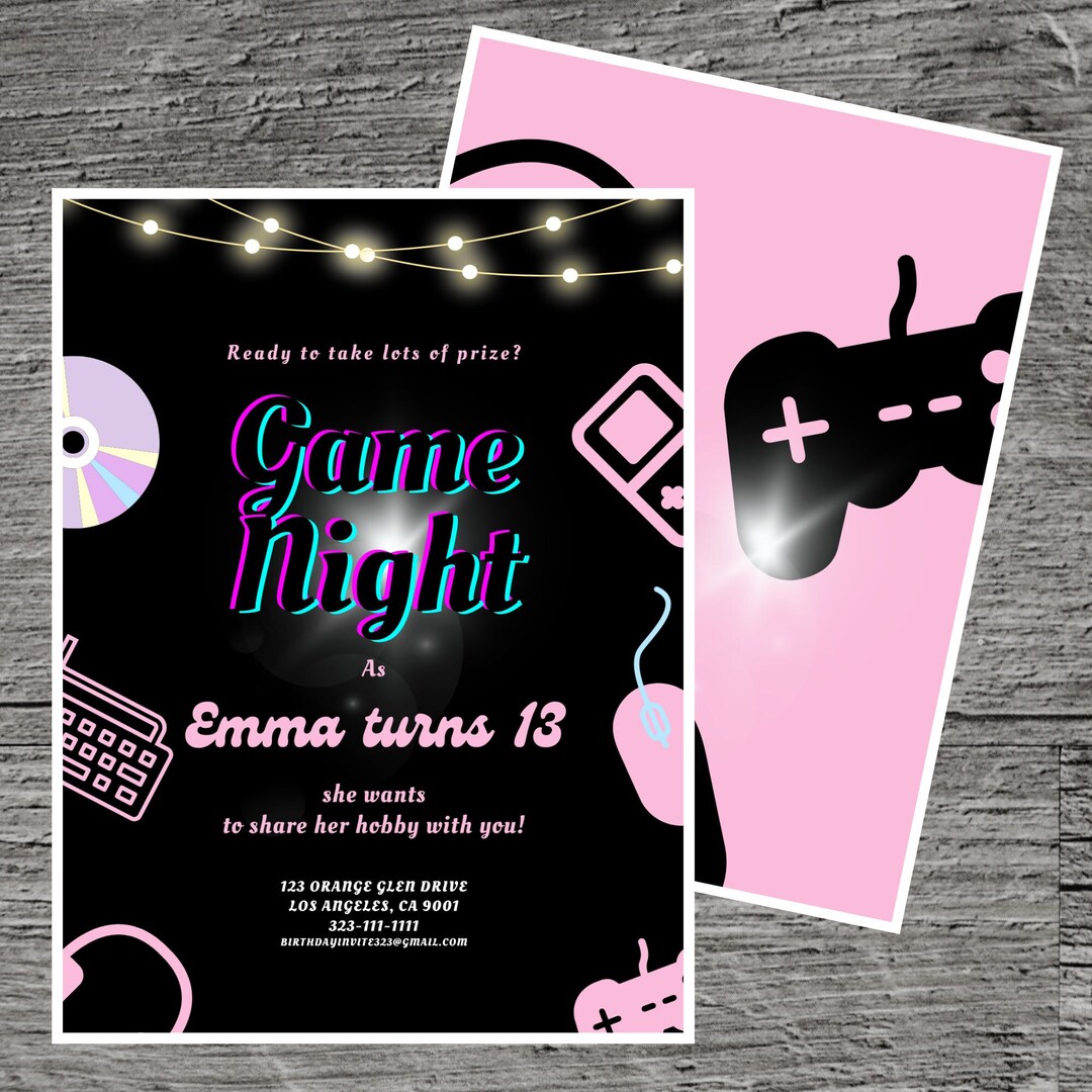 Game Night Theme Birthday Party Invitation, Retro Video Games Black ...
