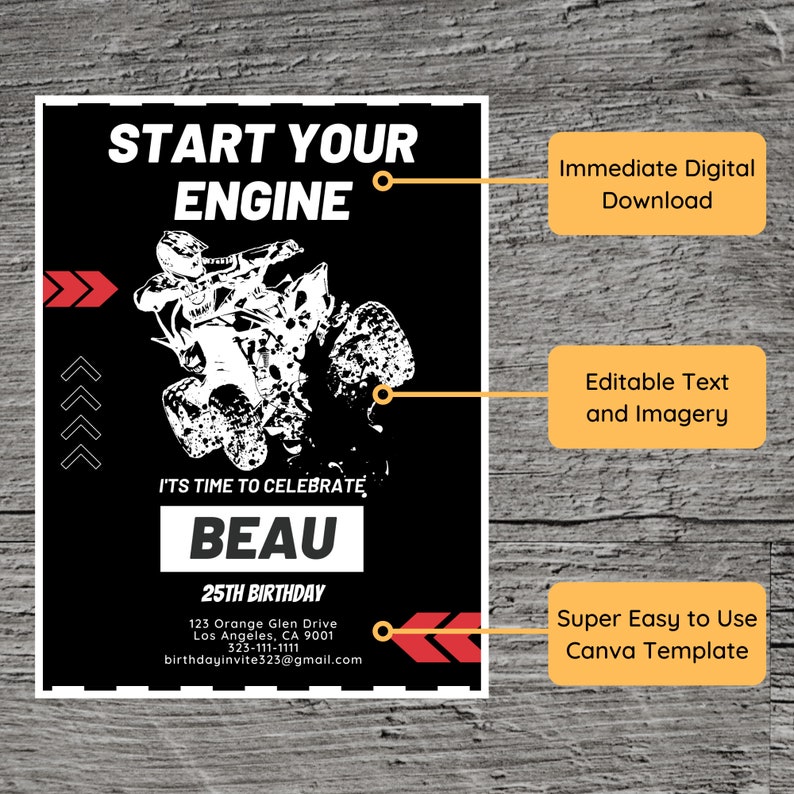 ATV Quad Theme Birthday Party Invitation, Racing Dune Buggy Dirt Bike ...