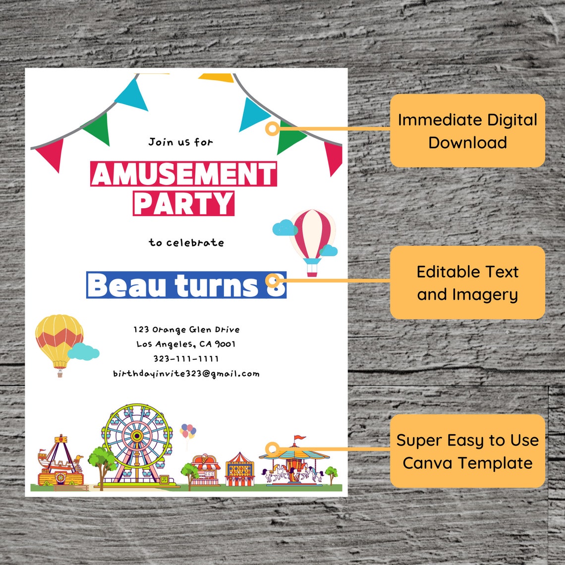 Amusement Park Birthday Party Invitation, Roller Coaster Ferris Wheel ...