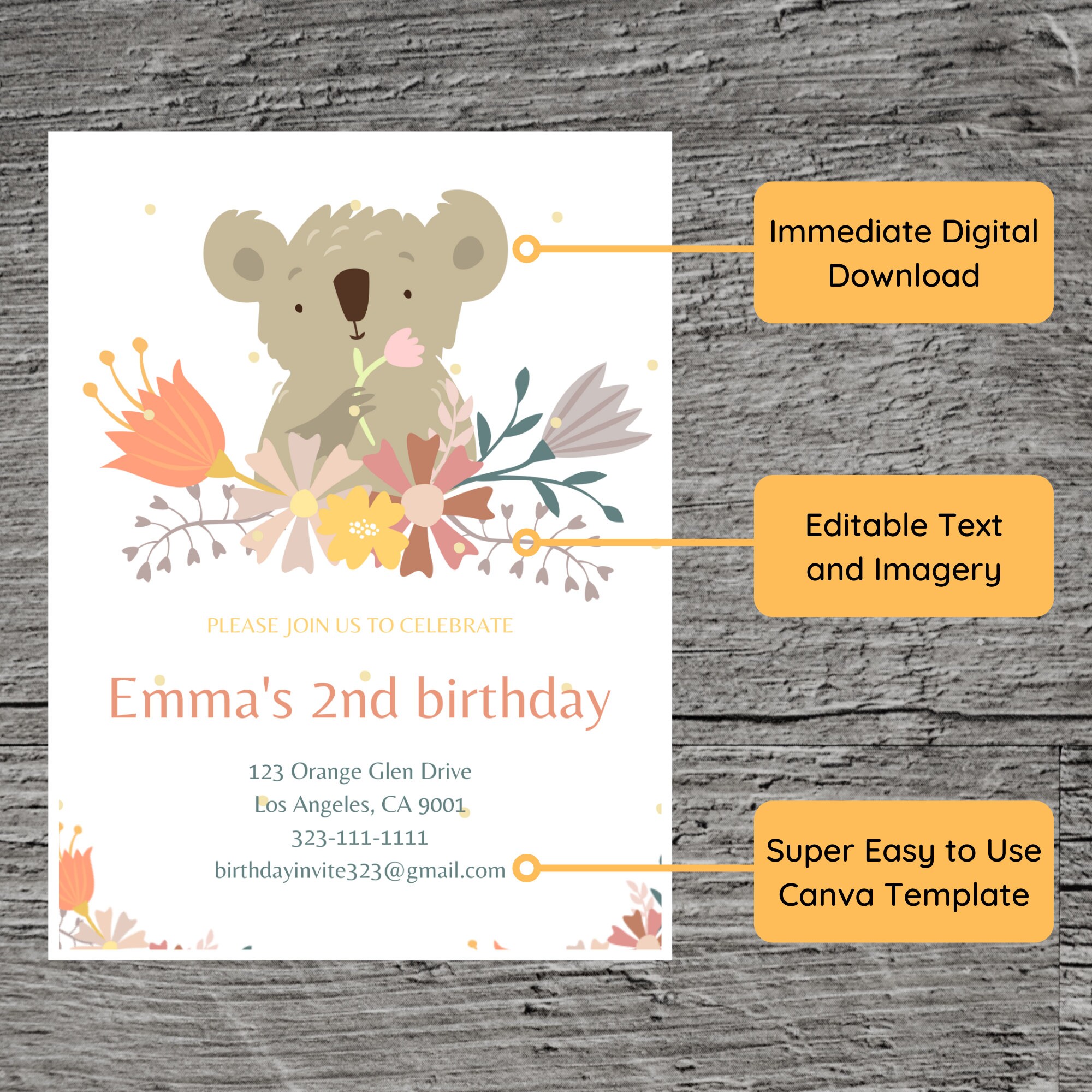 Koala Theme Birthday Party Invitation Template Cute Animals - Etsy