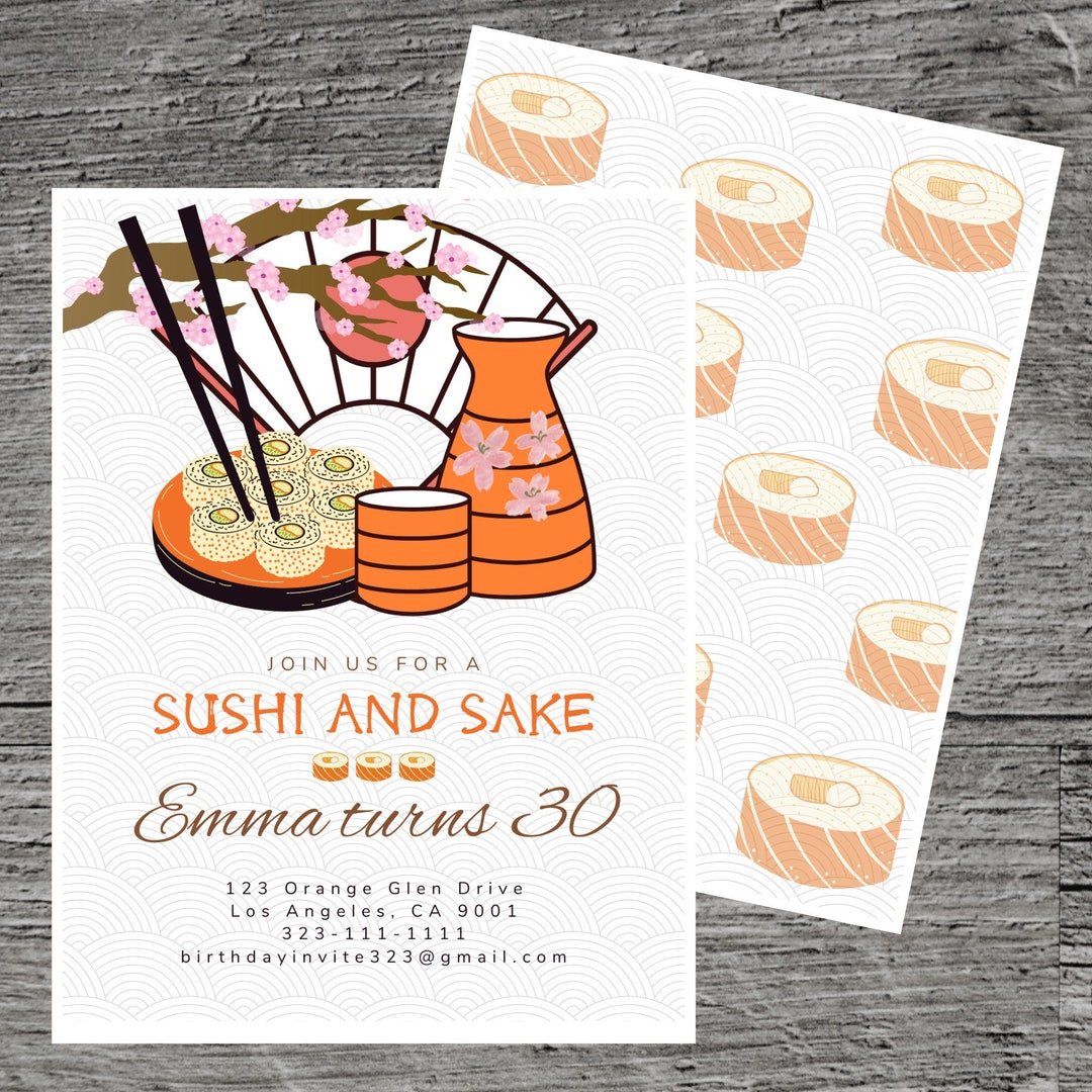 Sushi and Sake Dinner Birthday Party Invitation, Menu Asian Japanese ...