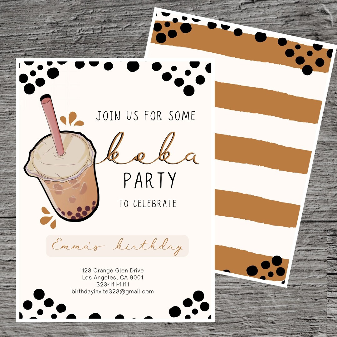 Boba Party Birthday Invitation, Bubble Tea Brown Sugar Drink Online ...
