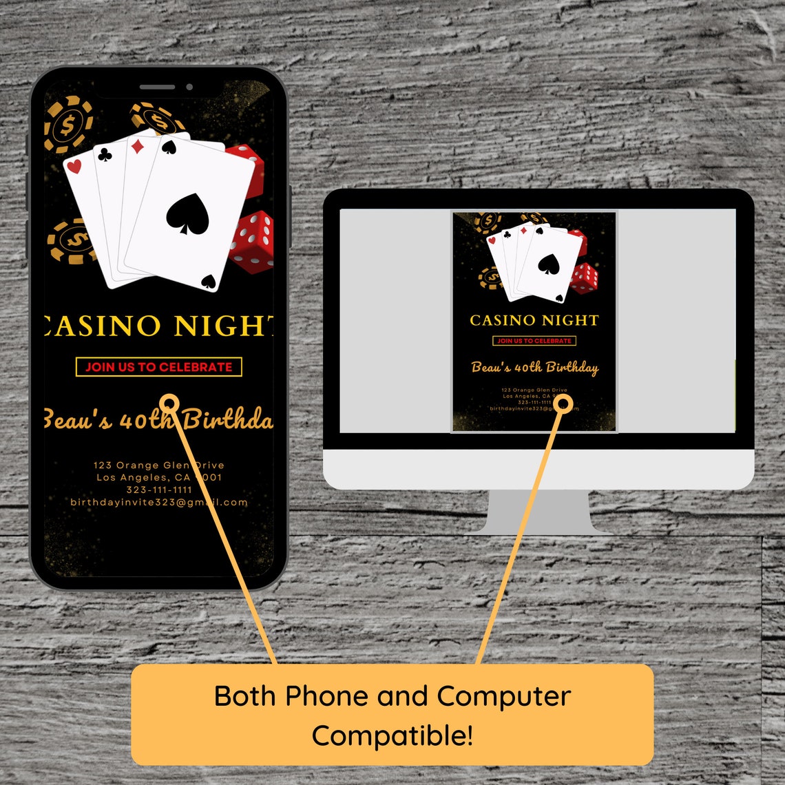 Casino Night Theme Birthday Party Invitation, Poker Cards Vegas Gamble ...