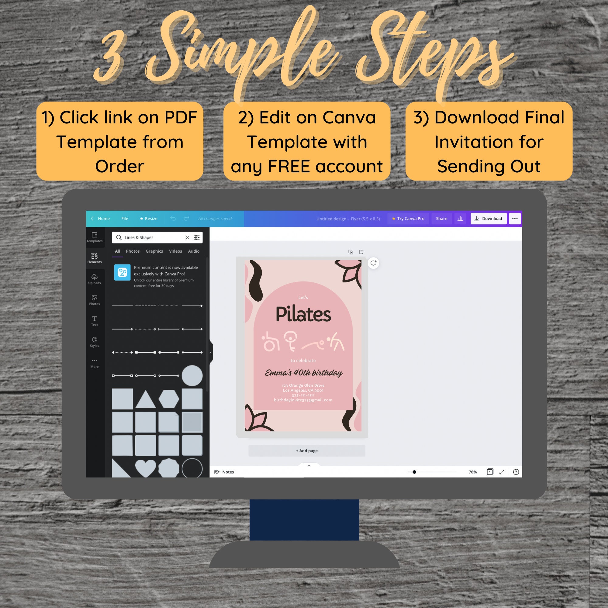 Pilates for Emma Theme Birthday Party Invitation Template, Abduction, C ...