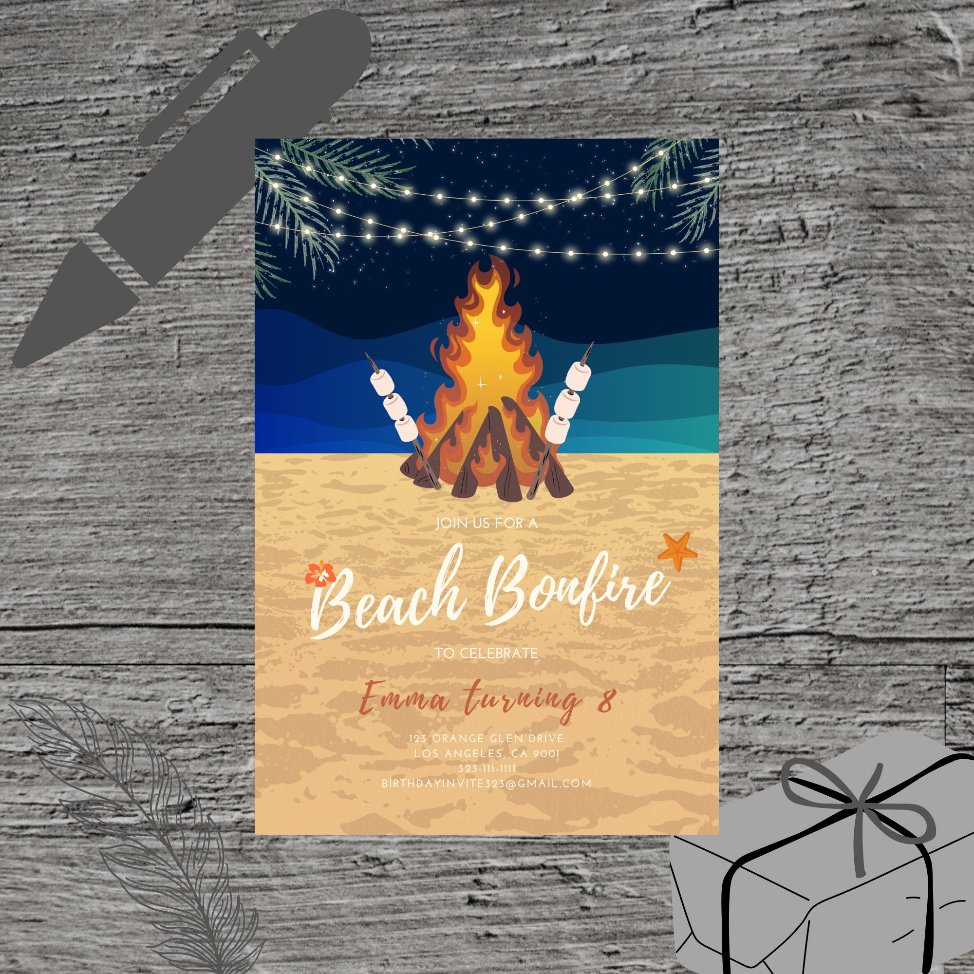 Beach Bonfire Theme Birthday Party Invitation, Night Smores Cookout ...