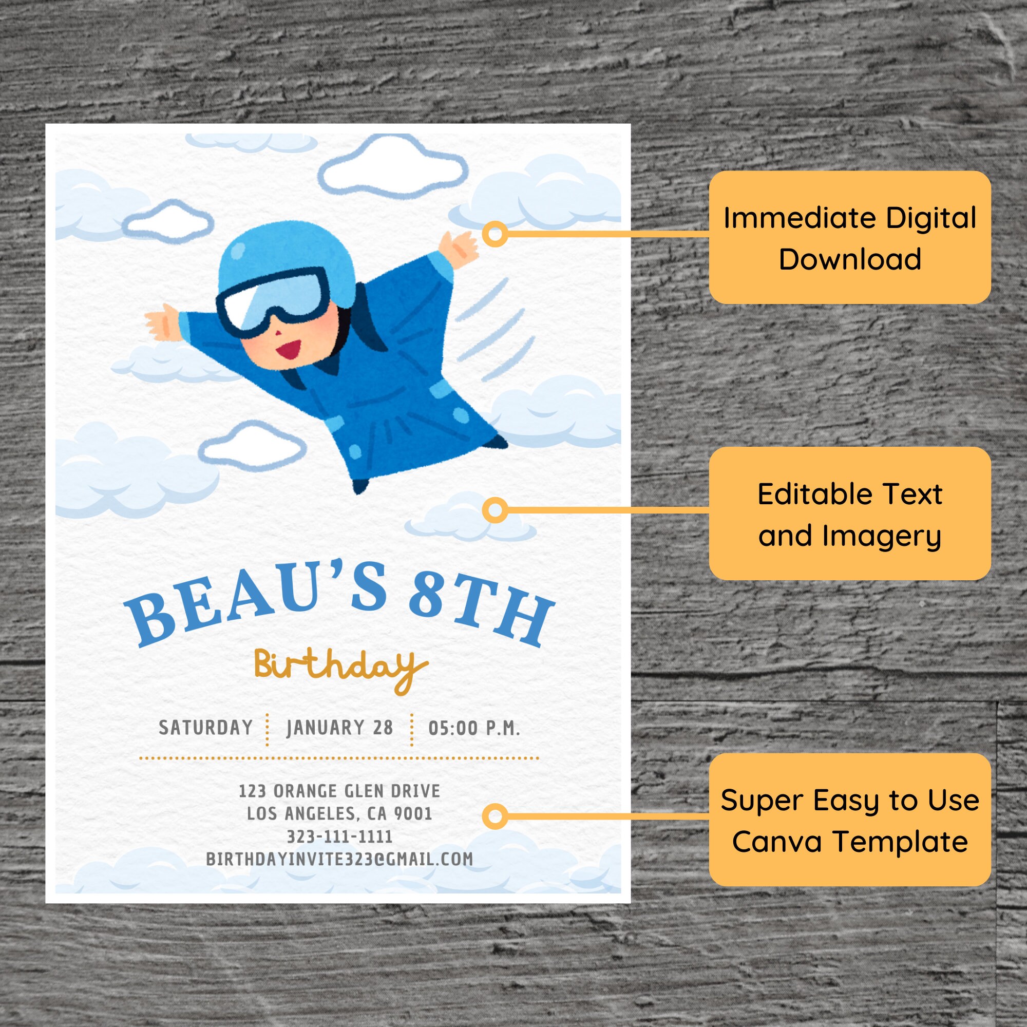 Skydiving for Beau Theme Birthday Party Invitation Template, Skyview ...