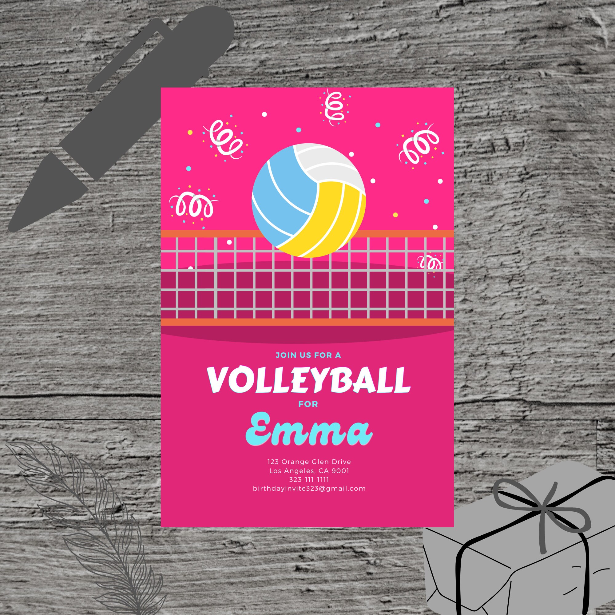 Volleyball Theme Birthday Party Invitation Template, Beach Indoor Court ...