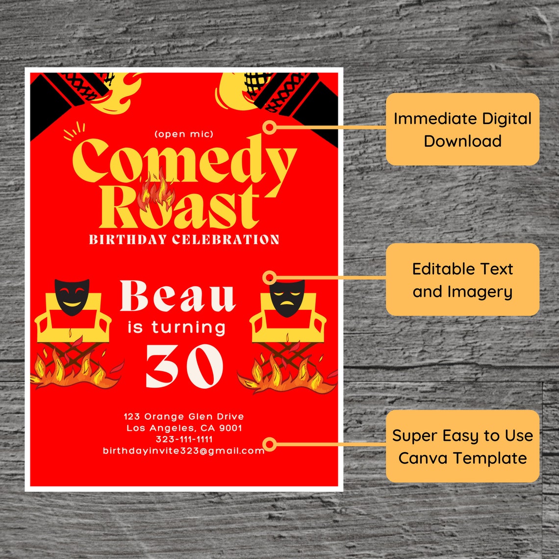 Comedy Roast for Beau (open Mic) Theme Birthday Party Invitation ...