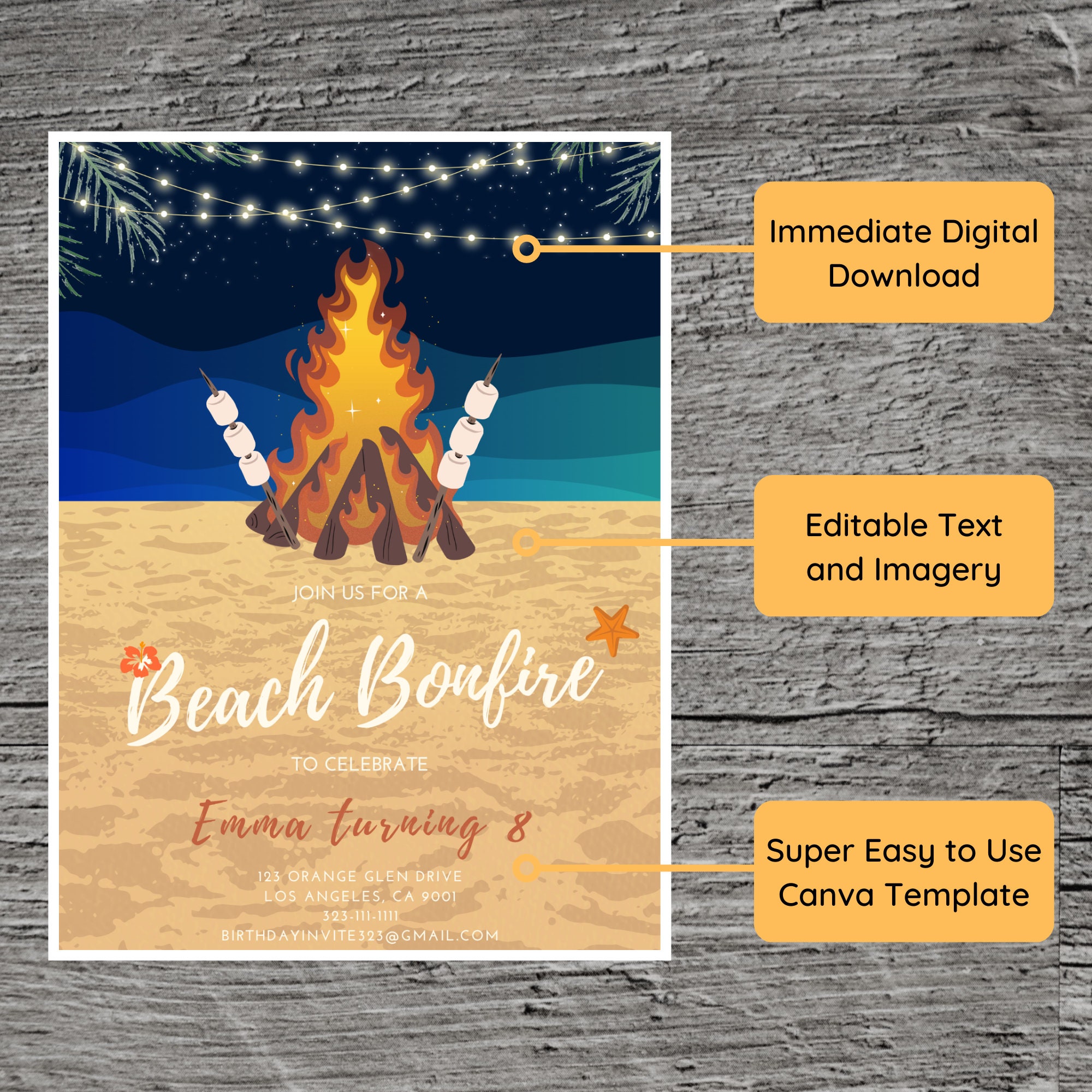 Beach Bonfire Theme Birthday Party Invitation, Night Smores Cookout ...