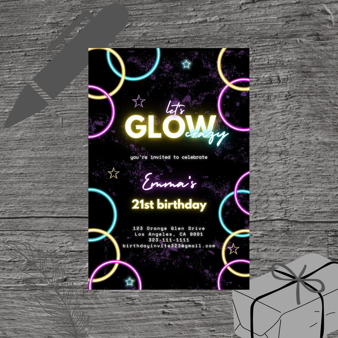 Neon Party for Emma Theme Birthday Party Invitation Template, Glowing ...