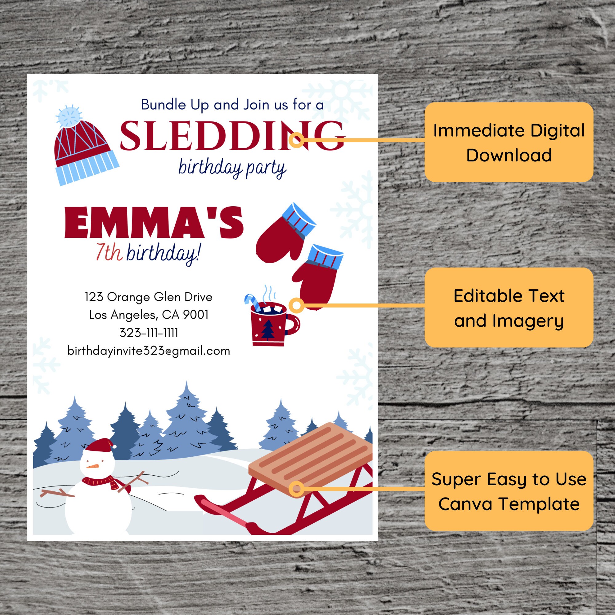 Sledding Theme Birthday Party Invitation, Slopes Shred Mountain Snow ...