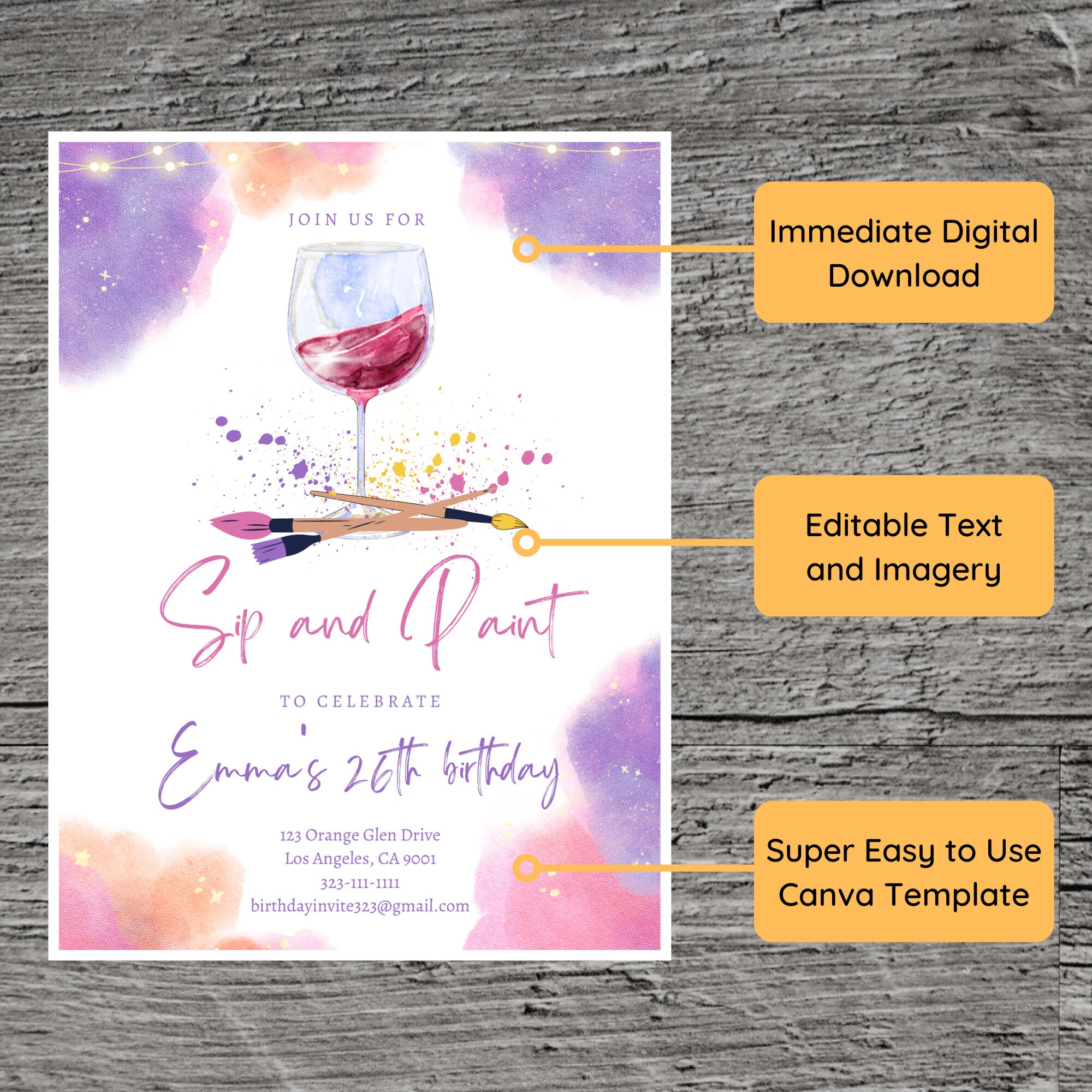 Sip and Paint Theme Birthday Party Invitation, Wine Watercolor Draw ...