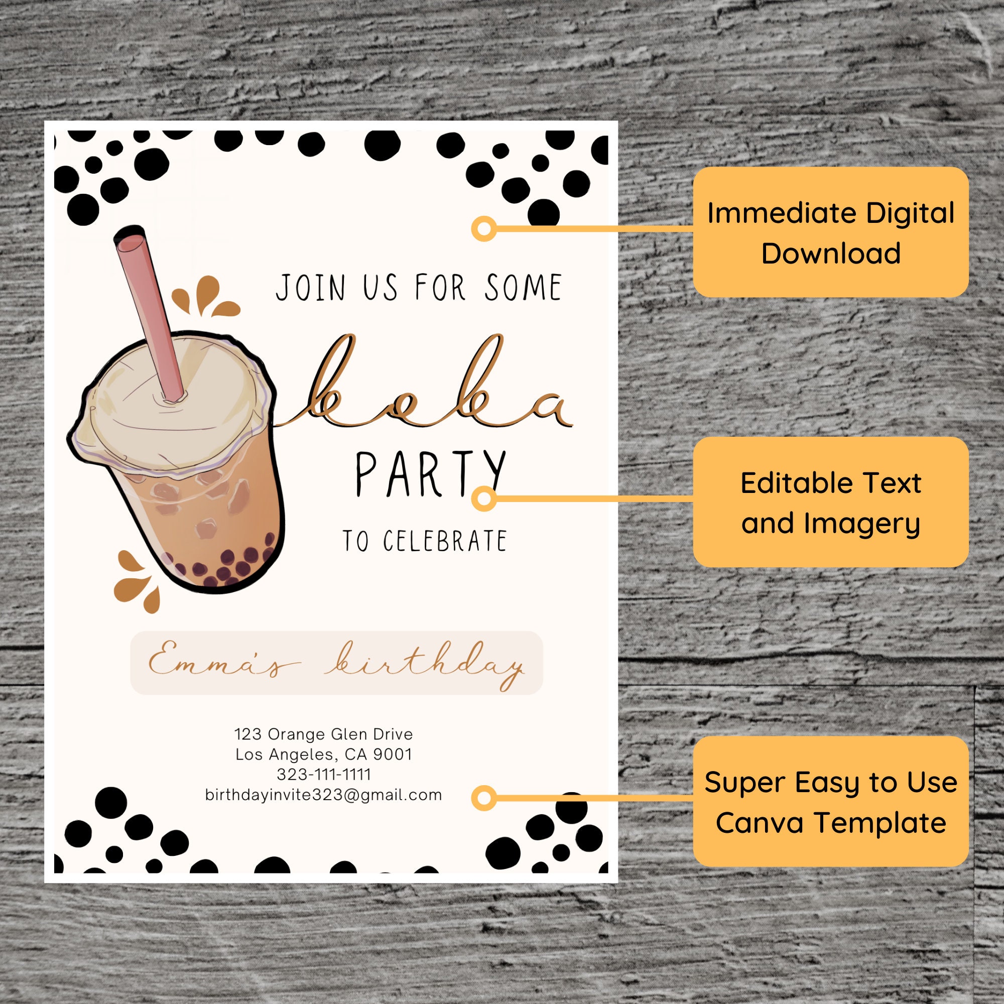 Boba Party Birthday Invitation, Bubble Tea Brown Sugar Drink Online ...