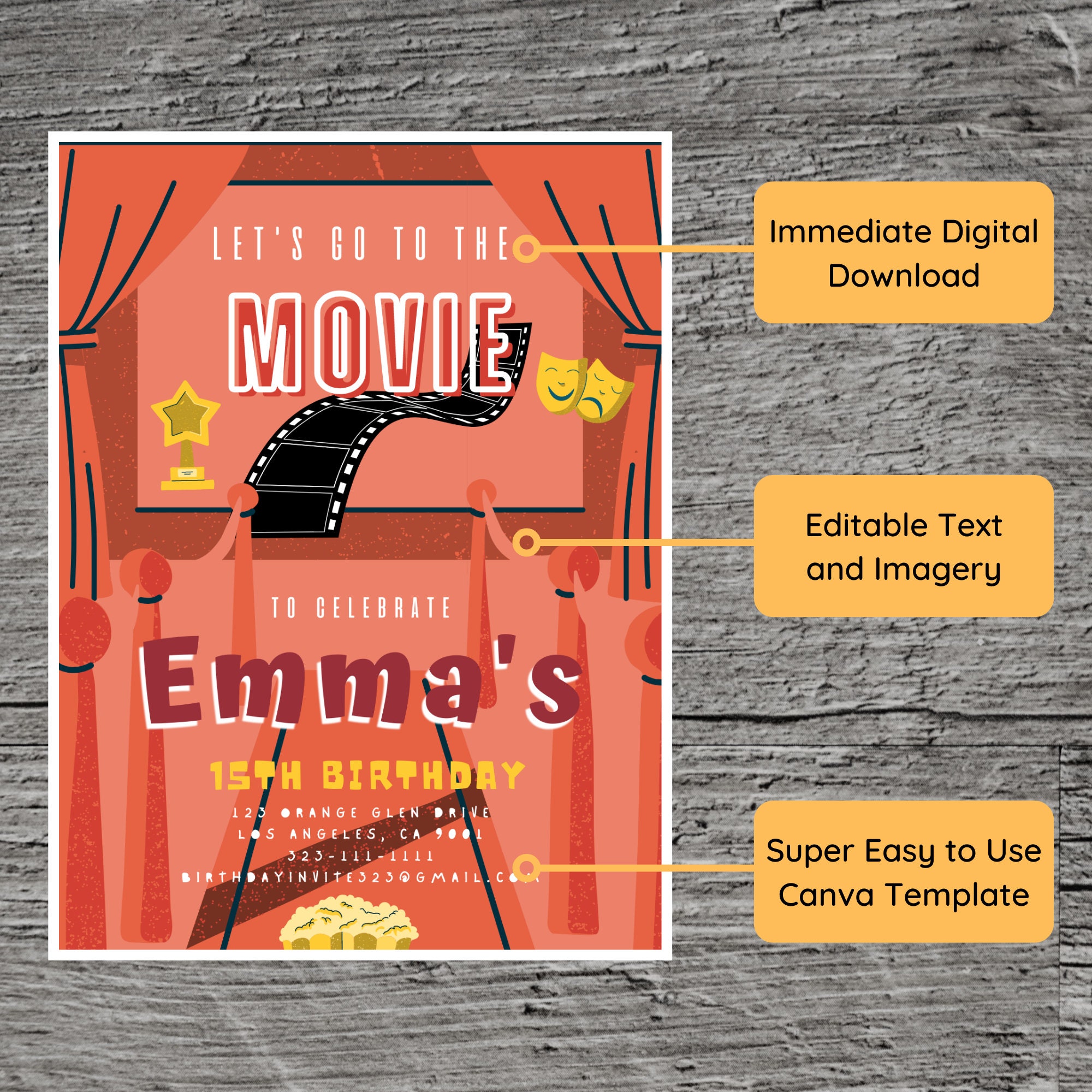 Movie Night Birthday Party Invitation, Premiere Cinema Theater Film ...