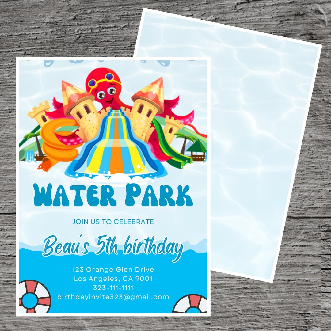 Water Park Theme Birthday Party Invitation, Summer Splash Slide Hot ...