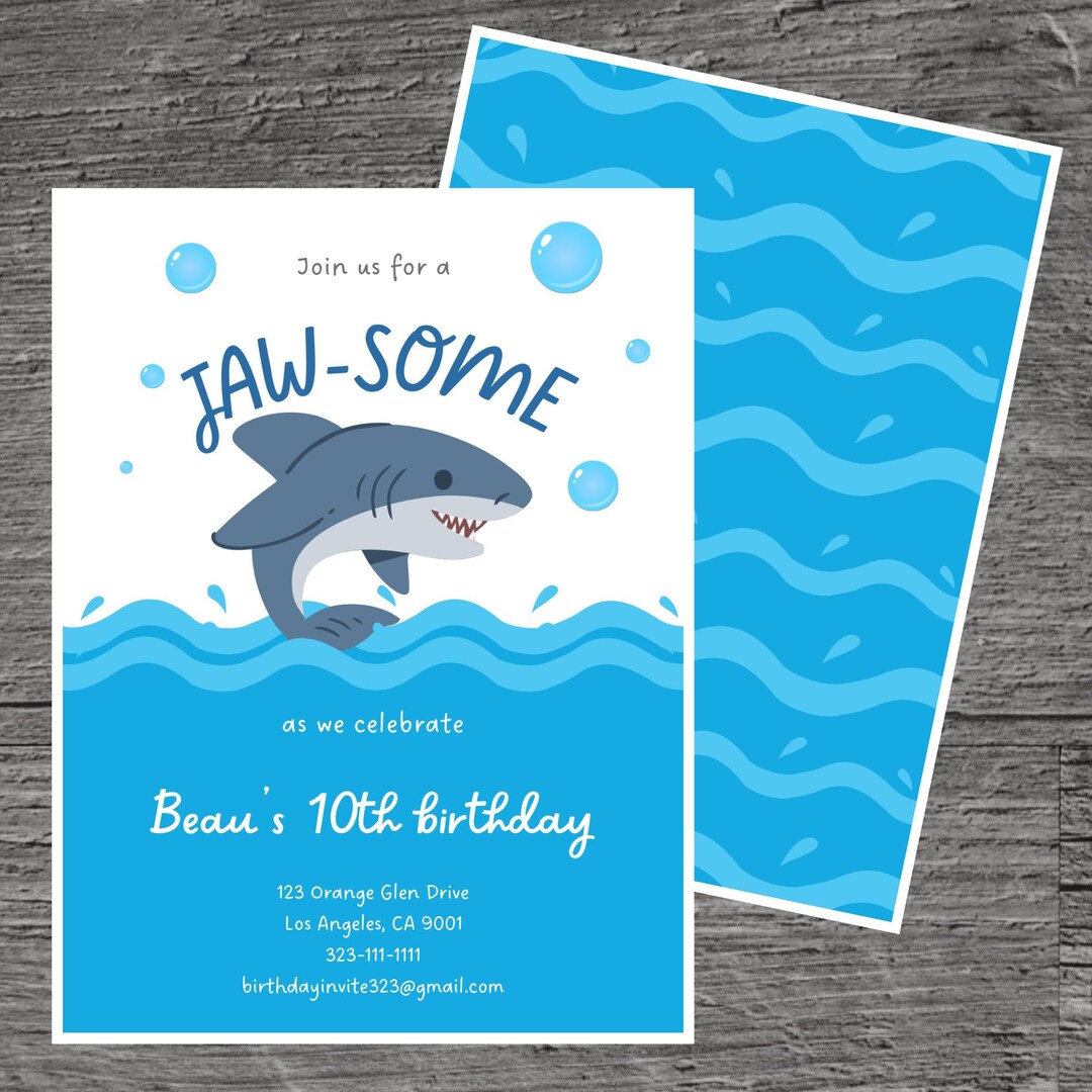 Shark Attack for Beau Theme Birthday Party Invitation Template ...