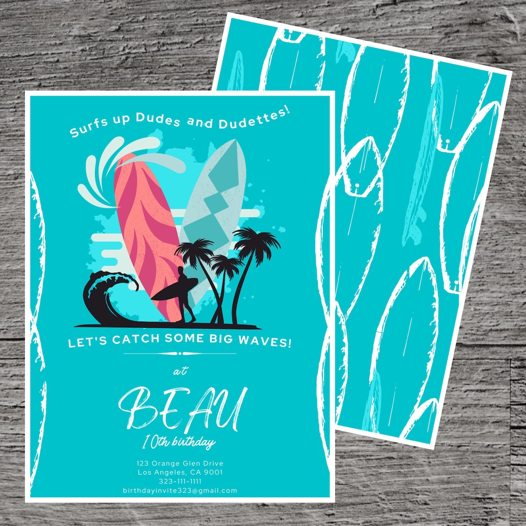 Surfing Theme Birthday Party Invitation Template, Custom Editable 5 X 7 ...