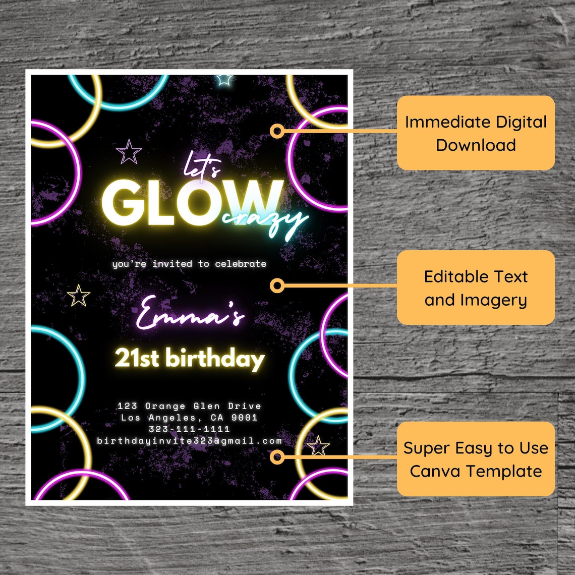 Neon Party for Emma Theme Birthday Party Invitation Template, Glowing ...